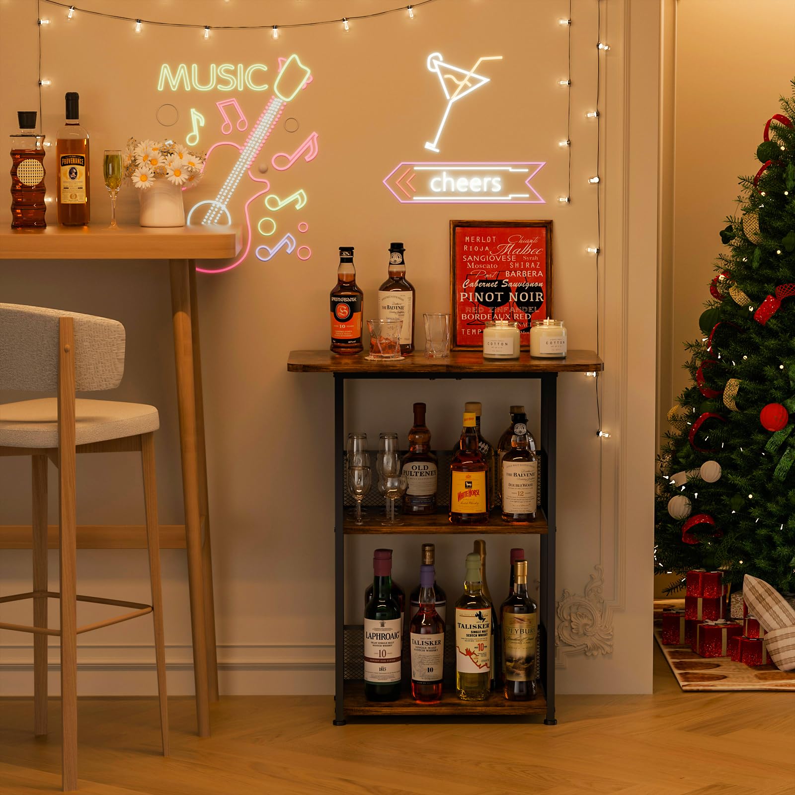 Eyteenokk Floor Standing Freestanding Whiskey Rack: 3 Tier Wine Rack Mini Bar Table Corner Wine Bottle Display Stand Liquor Cabinet Bar, for Bottles,Cocktail Shaker,Mugs
