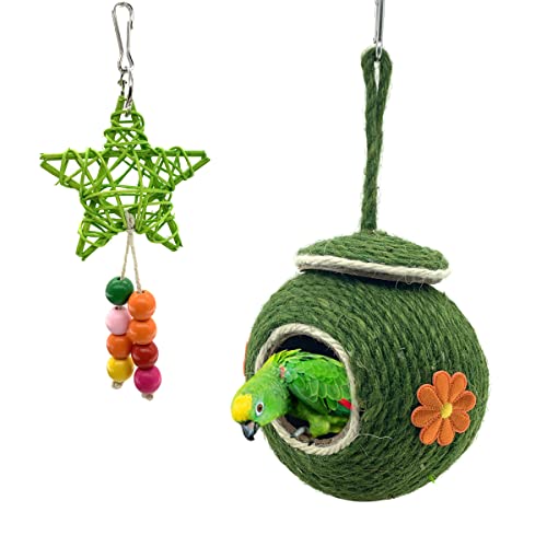 CooShou Bird Nest Coconut Woven Straw, Natural Coconut Pet Bird Cage with Green Straw Rope Woven Cover,Bird Nesting for Small Parrot, Parakeet Conures Cockatiel, Lovebird, Finches
