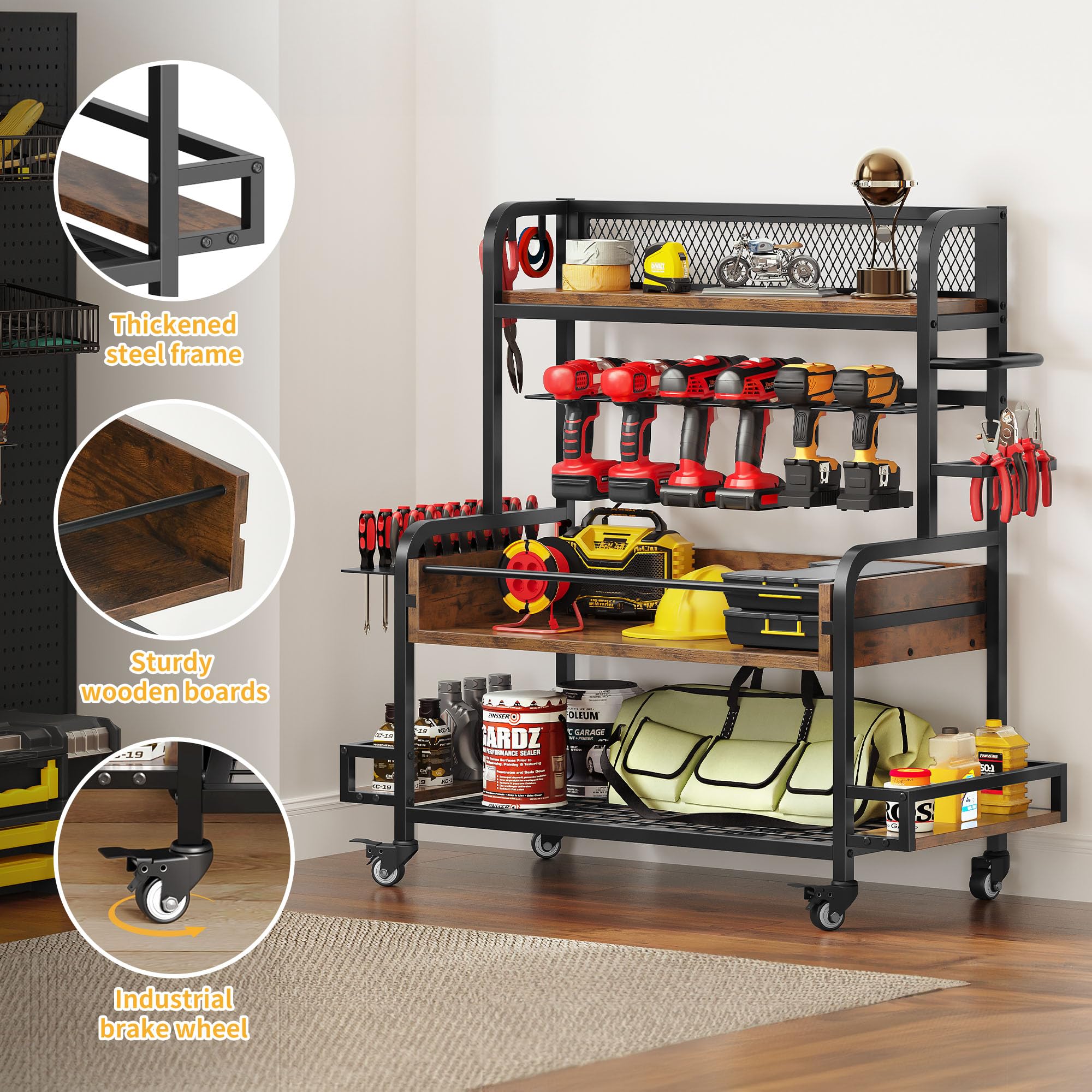 DWVO Large Power Tool Organizer Cart with Wheels, Rolling Garage Tool Organizer Cart with Movable Shelves, Power Tool Storage Cart for Mechanic Workshop Garage Gift for Men