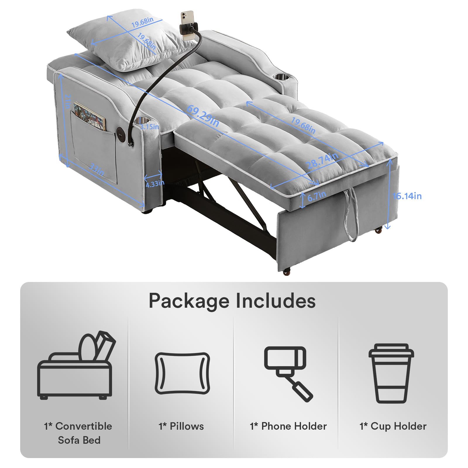 Rovibek 3 in 1 Convertible Sleeper Sofa Bed Pull Out Couch Futon Loveseat Velvet Chaise Lounge with 2 Pockets and 2 Pillows for Living Room, Twin Size, Grey