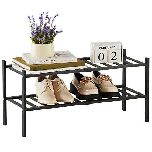 quiqear Bamboo Shoe Rack, 2 Tier Shoe Rack Organizer, Stackable & Durable Shoe Shelf Holder, Free Standing Shoe Racks, Shoe Storage Organizer for Entryway, Closet, Hallway (Black)