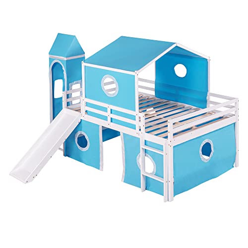 RORIGAT Castle Full Size Bunk Bed,Solid Wood Low Loft Bed Frame with Windows Slide, Tent and Tower,Bunk Bed for Kids Bedroom,Blue