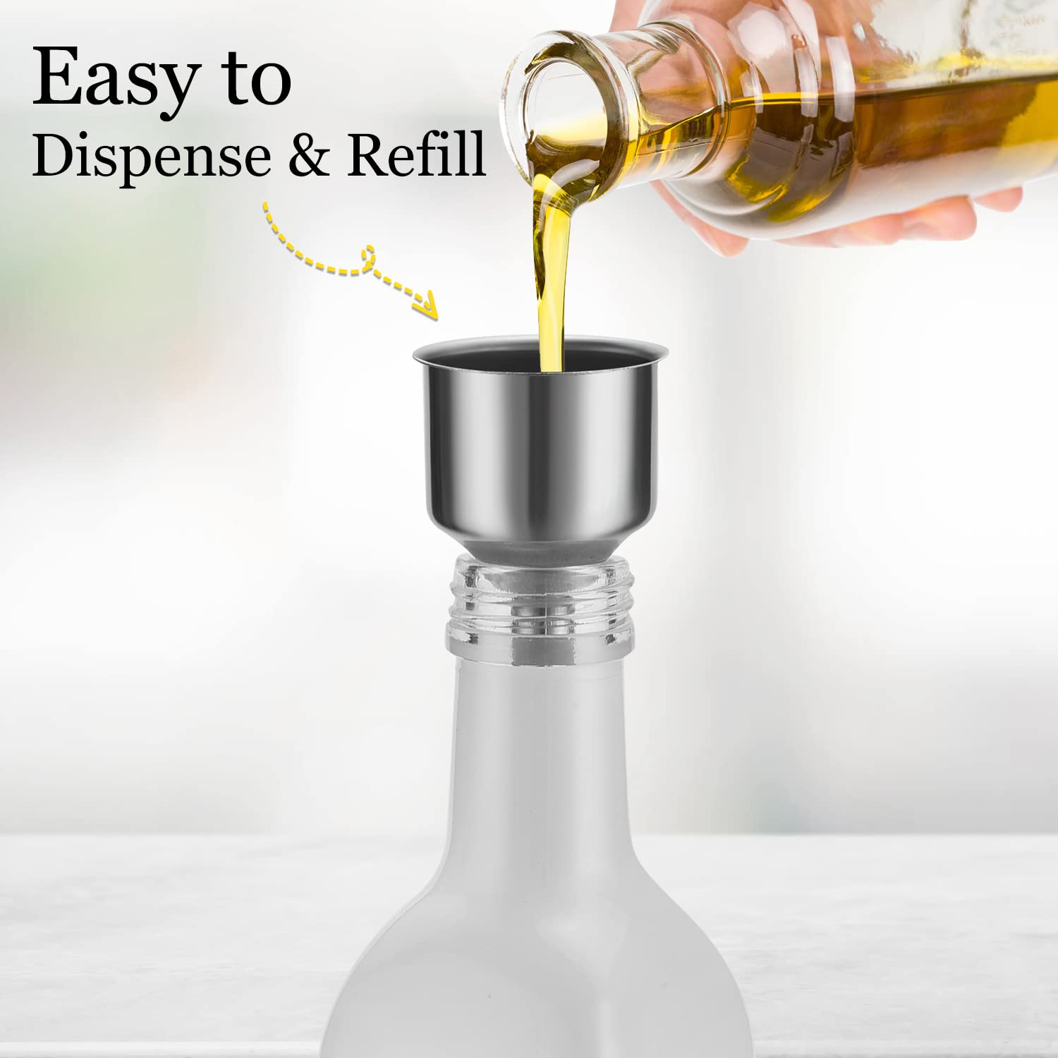 DIMBRAH Olive Oil Dispenser, Oil Dispenser Bottle for Kitchen, White Olive Oil Bottle with 2 No-drip Pourers and Funnel, Farmhouse Glass Oil Bottle - [SINGLE PACK]