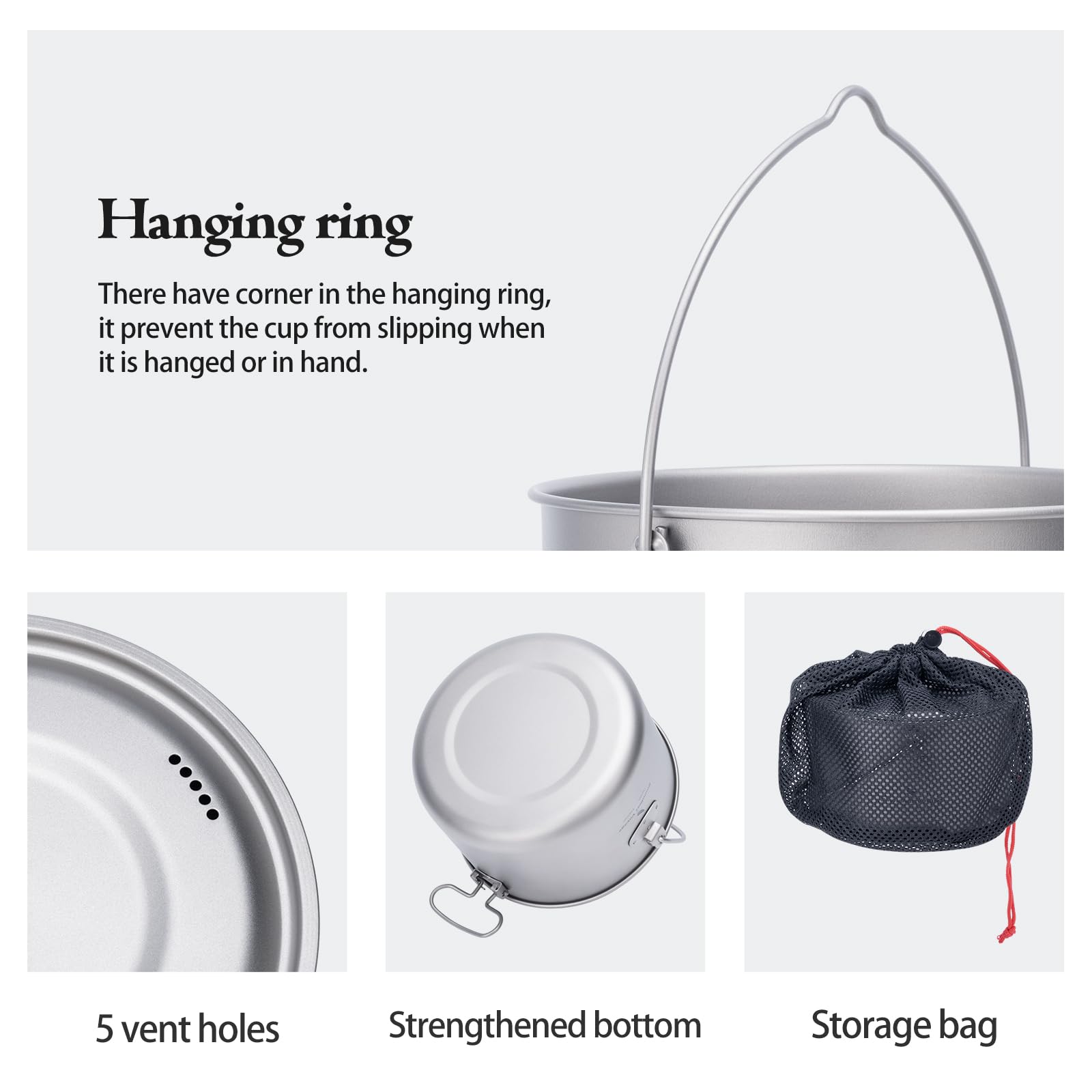 Boundless Voyage Titanium Hanging Pot for Outdoor Camping Backpacking Hiking Ultralight Portable Cooking Pot Camp Kitchen Cookware 1300ML/1950ML/2900ML (3 Pcs Set)