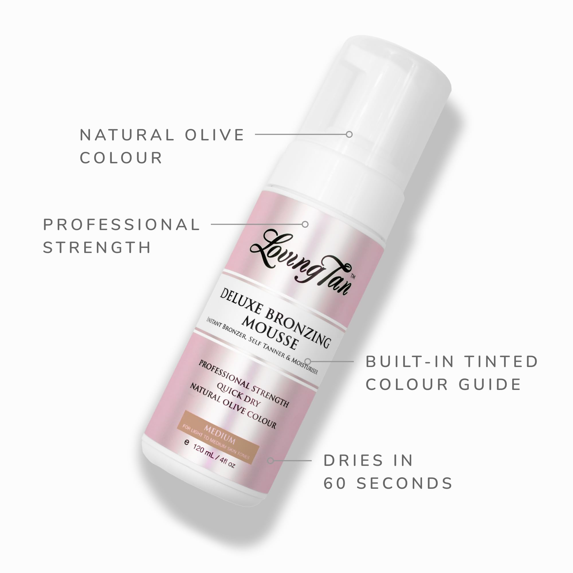 Loving Tan Deluxe Bronzing Mousse, Medium - Streak Free, Natural looking, Professional Strength Sunless Tanner - Up to 5 Self Tan Applications per Bottle, Cruelty Free, Naturally Derived DHA - 4 FL Oz