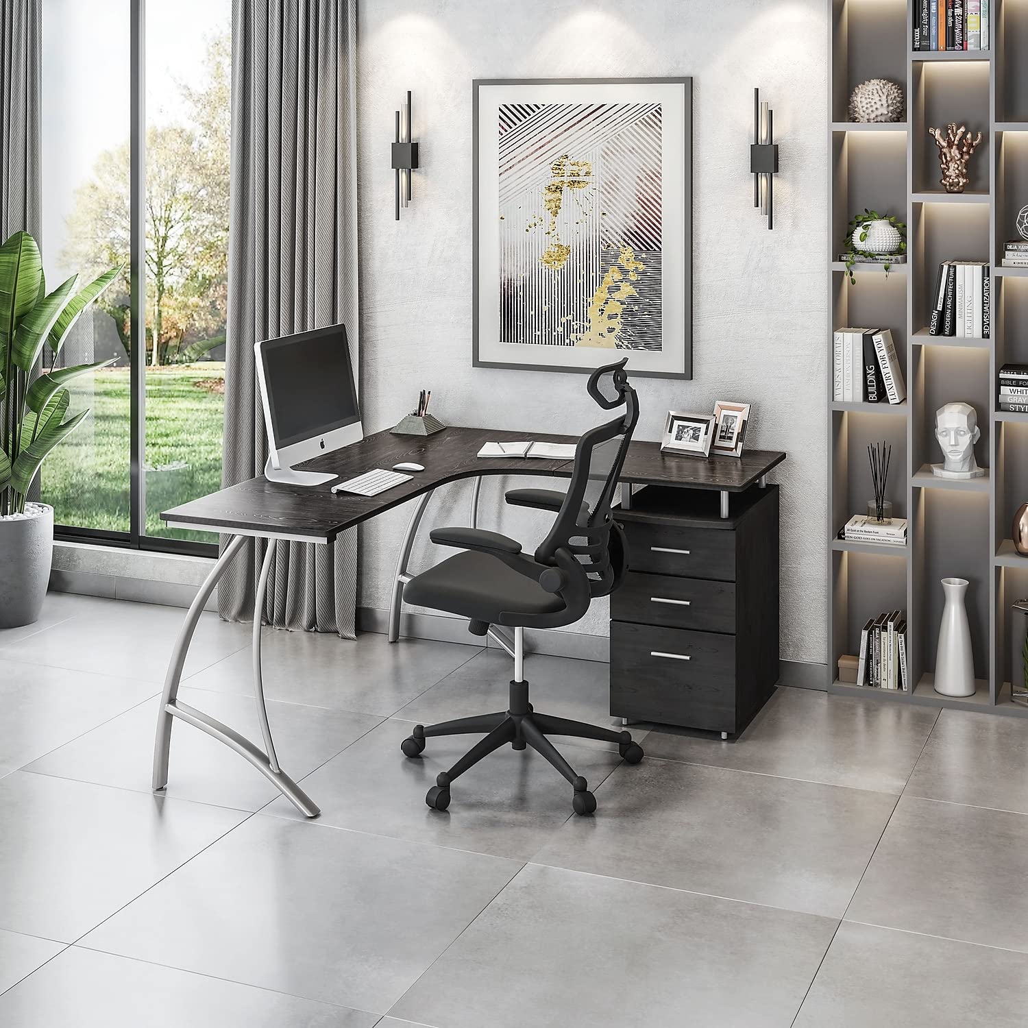Techni Mobili Modern L Shaped Computer Desk with File Cabinet and Storage, Workstation Table with MDF Panels and PVC Laminate Veneer Surface, Espresso
