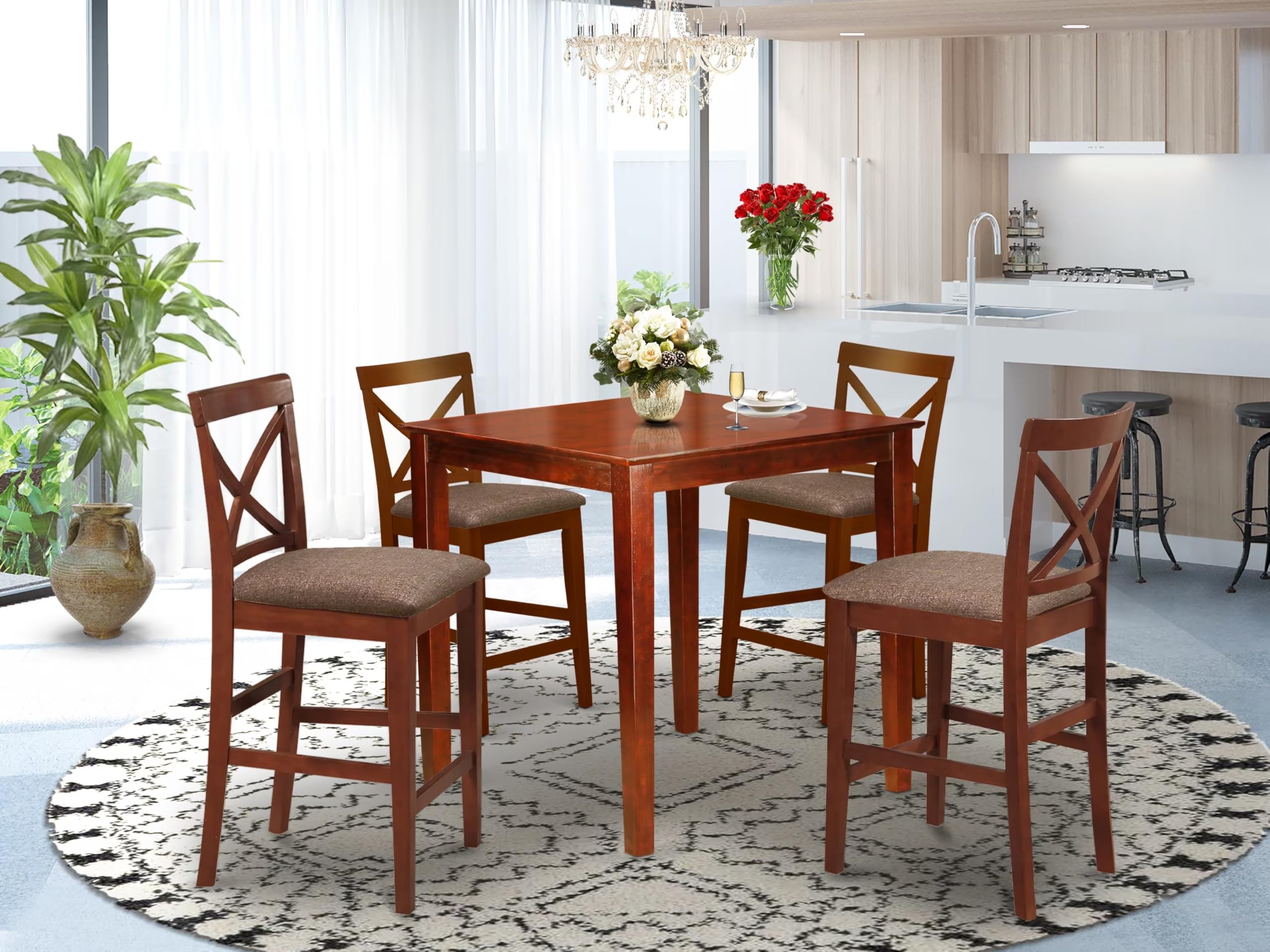 East West Furniture PUBS3-OAK-C 3 Piece Kitchen Counter Set for Small Spaces Contains a Square Table and 2 Linen Fabric Dining Room Chairs, 36x36 Inch