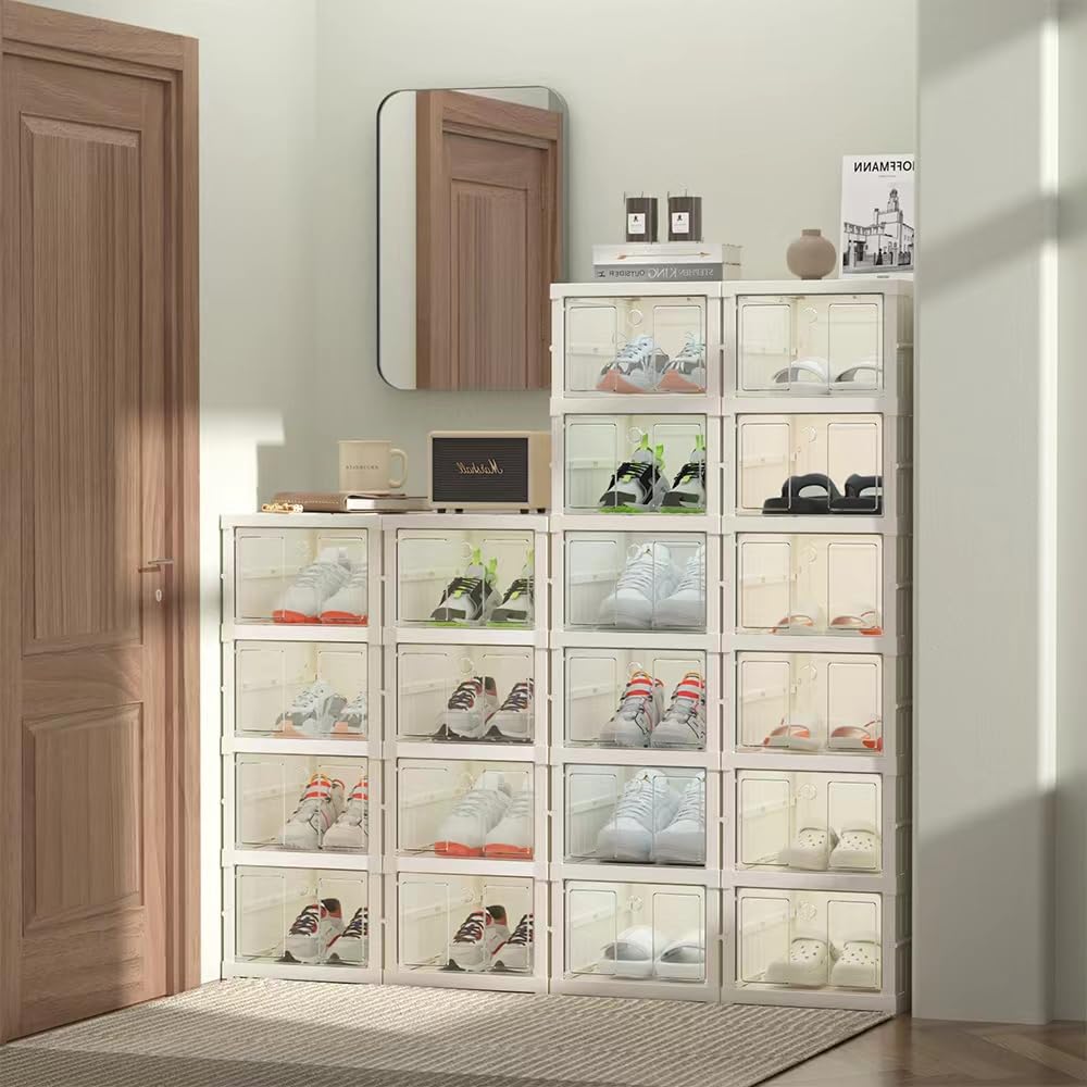 DY GMD Foldable Shoe Rack, Collapsible Plastic Shoe Organizer with Doors Sturdy Easy to Assemble for Closet,Shoe Storage Boxes -9 Tier(White Doors)