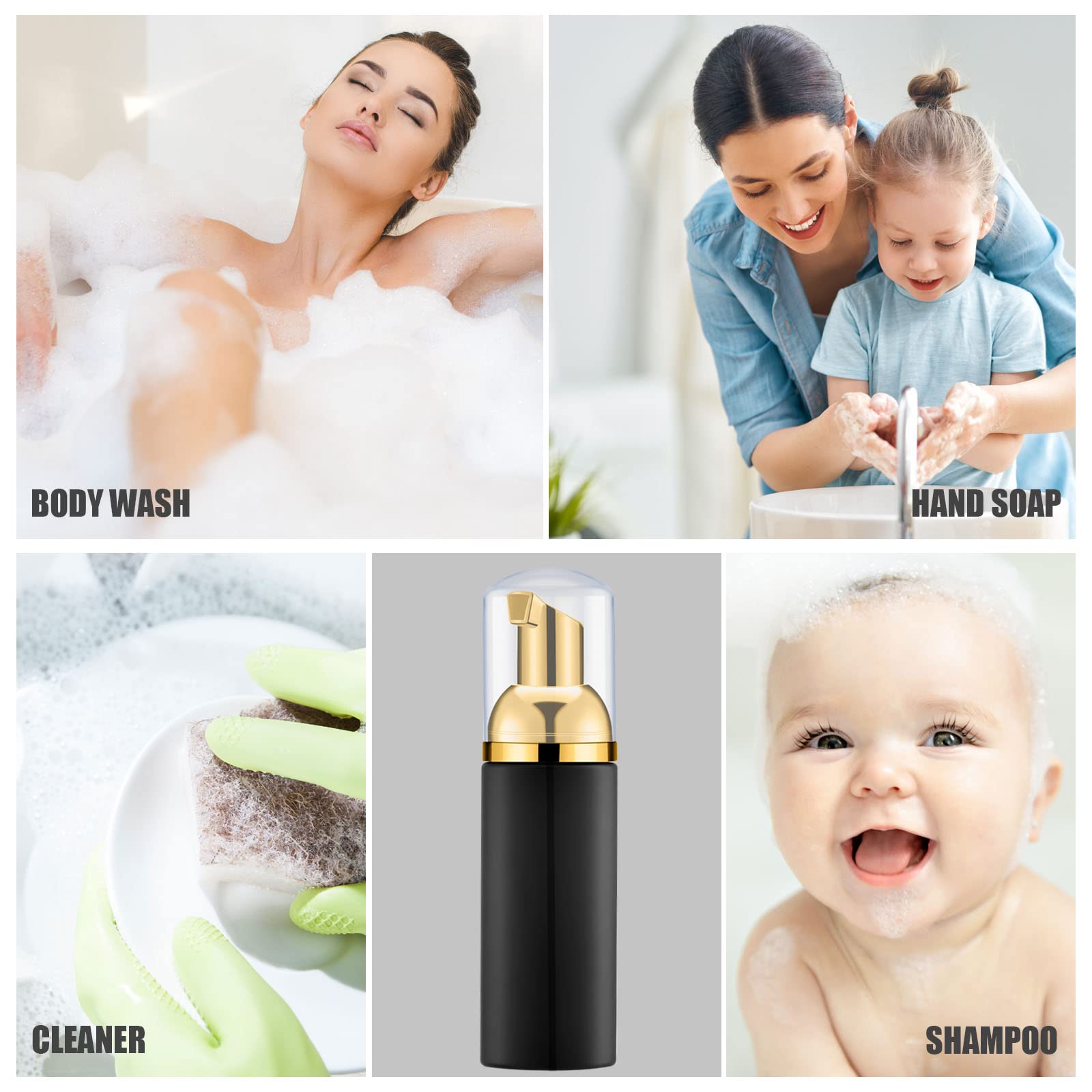 Lil Ray 2 Oz Empty Black Foam Pump Bottle, Foamer Soap Dispenser for Lash Shampoo, Hand Soap, Foaming Cleaner(Gold Pump, 12 PCS)