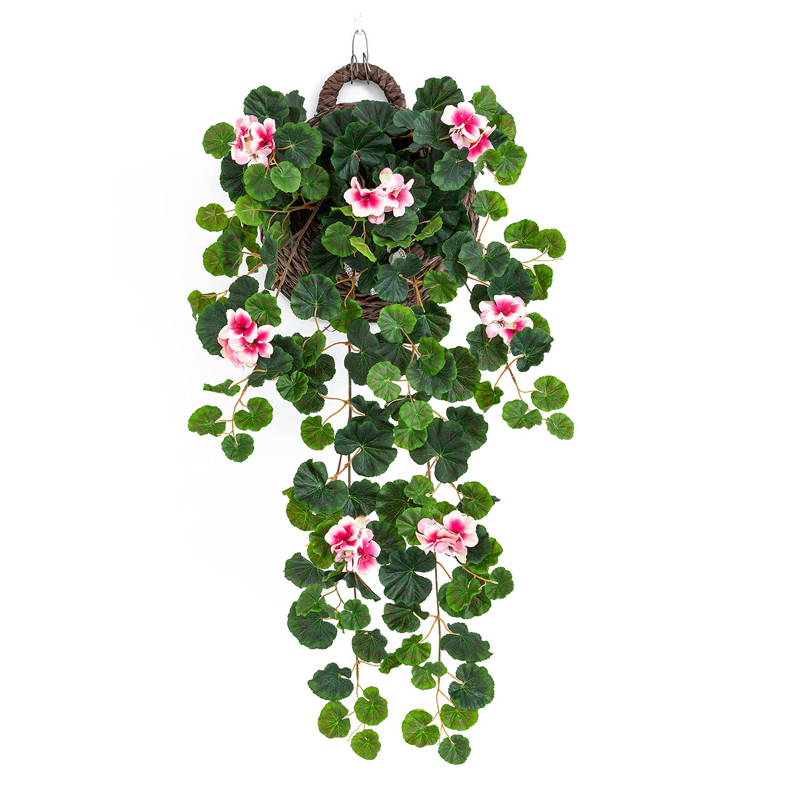 TINGHONG Artificial Ivy Vines Begonia Leaf Plants with Pink Silk Flower 3.2Ft Fake Hanging Green Plant for Home Room Garden Wedding Wall Decor (Pink NO Basket )