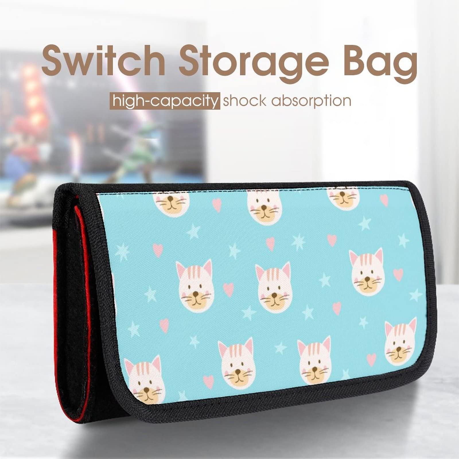 Cat Faces and Stars Carrying Bag Compatible with Switch Protective Case Slim Felt Pouch with 5 Game Cartridges Holders