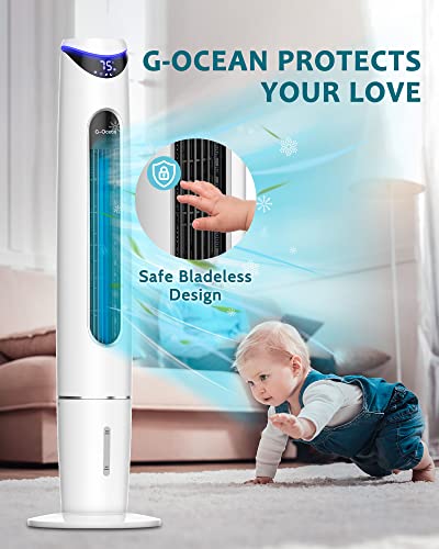 Evaporative Cooler - 46" Swamp Cooler with Remote, G-Ocean Air Cooler Fan with Night Light, 8H Timer, Oscillating, 3 Modes, 3 Speeds, 2 Ice Packs, Portable Air Conditioner for Home/Office/Outdoor