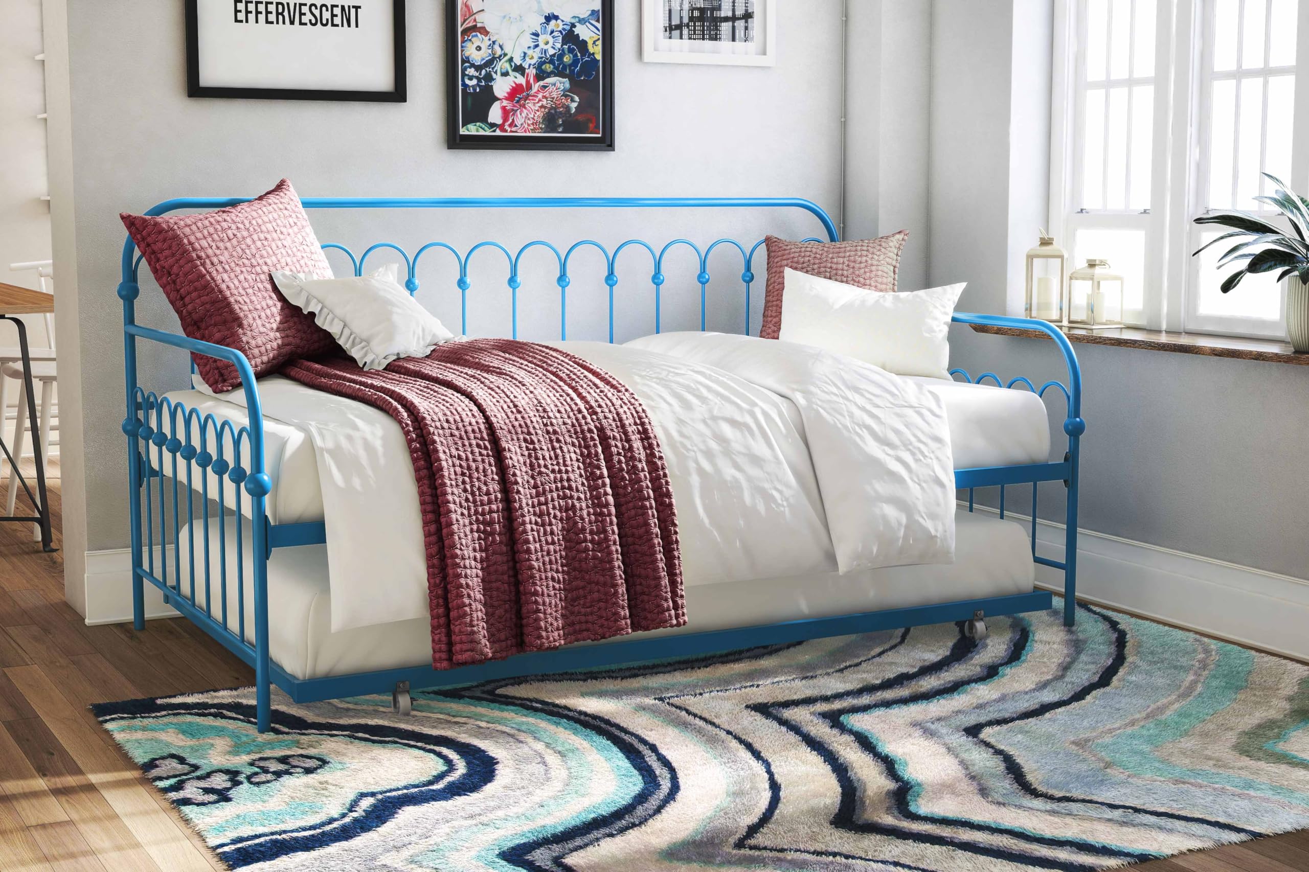 Novogratz Bright Pop Metal Daybed with Roll Out Trundle - Chic, Stylish, Space-Saving Design - Includes Sturdy Steel Slats