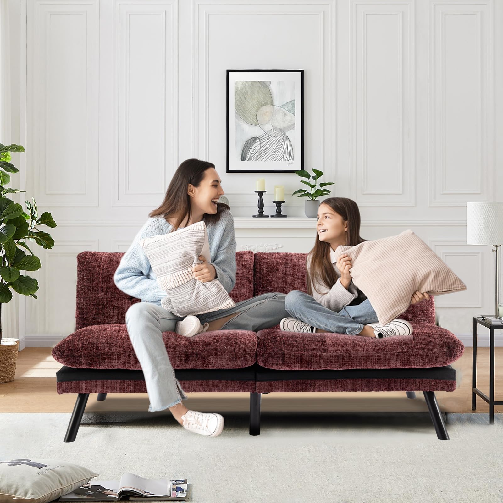 Futon Sofa Bed, Convertible Sleeper Couch Memory Foam Small Splitback Loveseat for Living Room,Modern Upholstered Love Seat with Adjustable Backrest and 6 Metal Legs,Thicker Cushion Version(Burgundy)