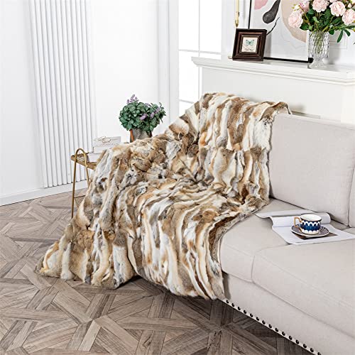 Real Fur Blanket Throw for Couch Tan Fur Throw Blanket - Fuzzy Fluffy Super Soft Furry Plush Decorative Comfy Shag Thick Sherpa Shaggy Throws and Blankets for Sofa, Bed, 76x80 inches
