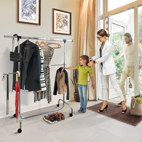 Tatkraft Falcon Garment Rack, Clothes Rack on Wheels, Adjustable Length & Height, Chromed Steel