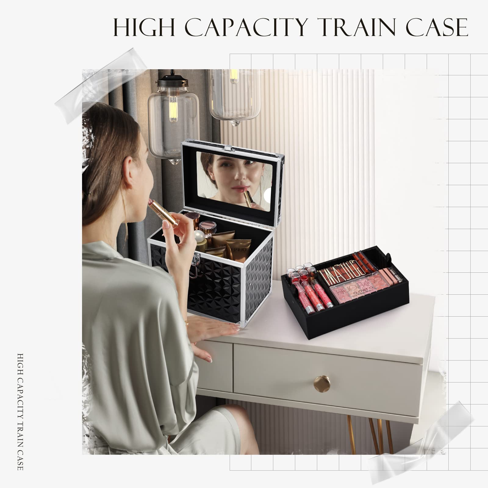 Costravio Makeup Train Case Travel Organizer Case Professional Cosmetic Storage Box with Divider Tray Mirror Portable Cosmetology Sewing Box for Makeup Artist Nail Tech Kits Crafters Train Case Black