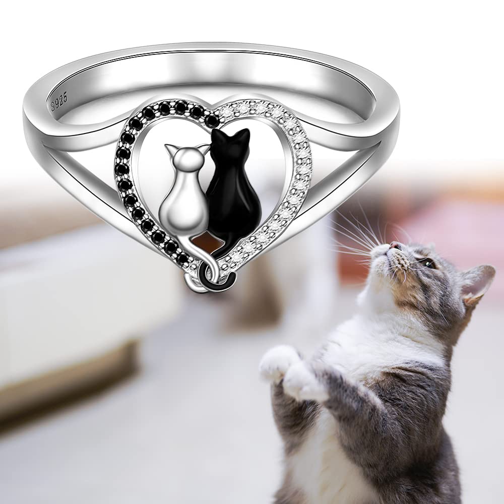 Cat Ring Cat Rings for Women Black Cats Ring Remembrance White Black Cats Couple Sterling Silver Animal Lovers Jewelry Size 8