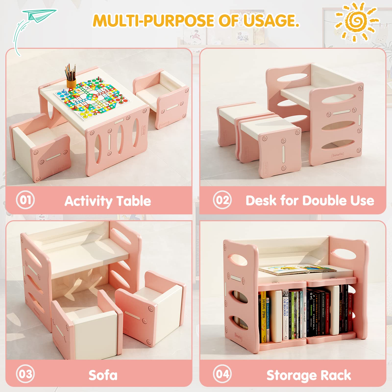Benarita Kids Table and 2 Chairs Set, Plastic Activity Table for Toddler Reading, Arts, Crafts, Homework, with Storage Space