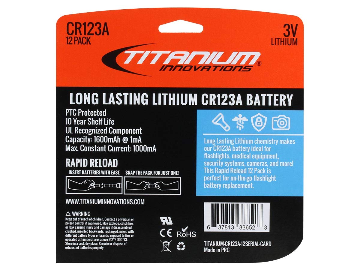 TITANIUM INNOVATIONS CR123A 3V Lithium Battery, Shrink Wrapped in Pairs (12 Card)