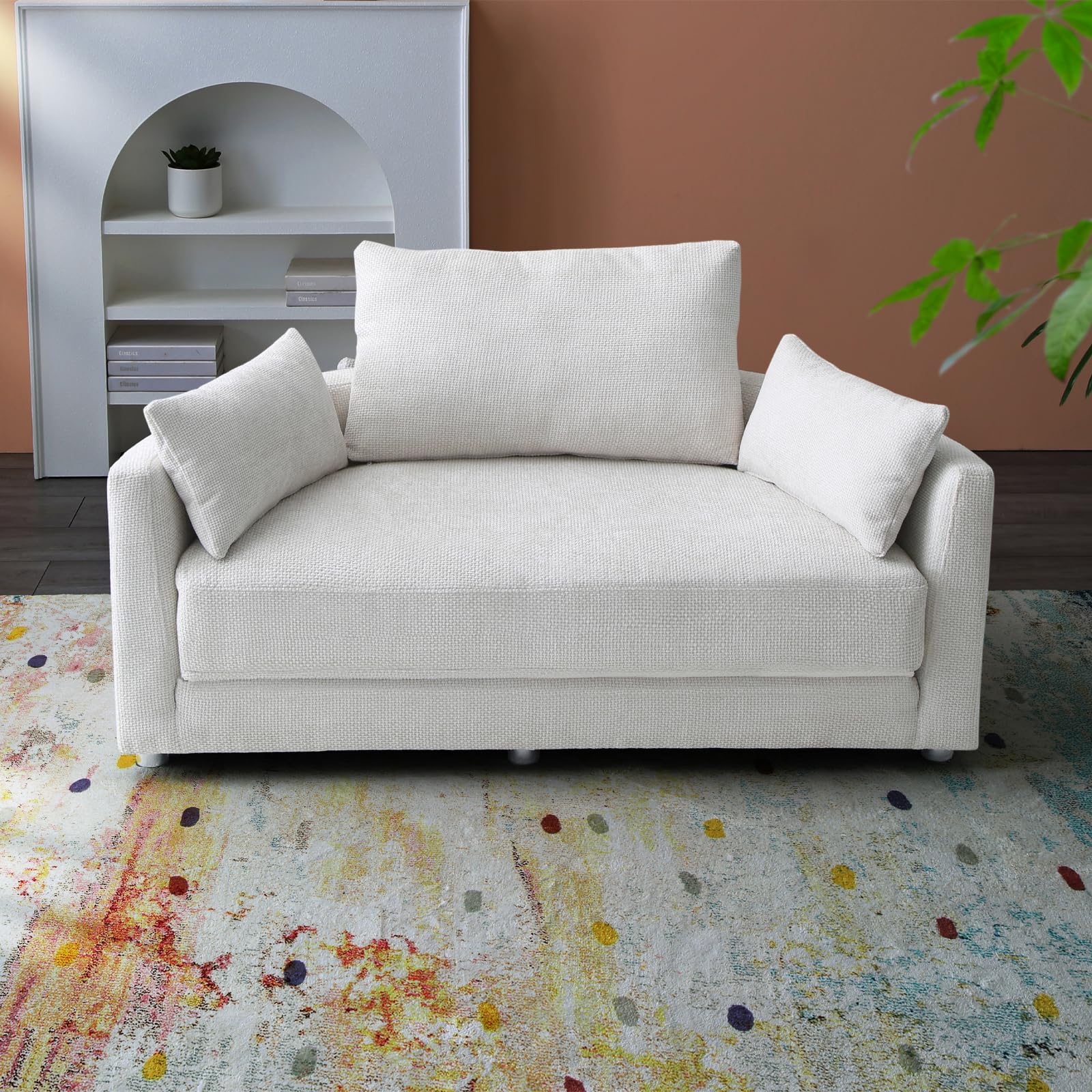 EXZLFA Oversized Round Foldable Sofa Sleeper Chair Bed, Fold Out Lazy Floor Recliner Convertible Two Layer Upholstered Wide Seat Couch with 3 Pillows for Living Room Bedroom Guest Room (Beige)
