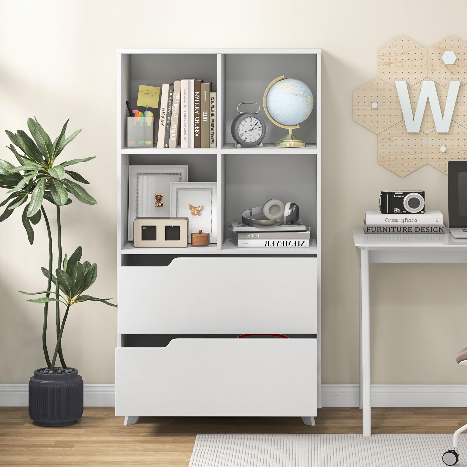 Giantex 51" Tall Bookcase with 2 Drawers, 4-Tier Open Bookshelf with 4 Storage Cubes, Modern Display Shelf with Anti-Toppling Devices, Freestanding Wooden Storage Shelf for Home Office, White