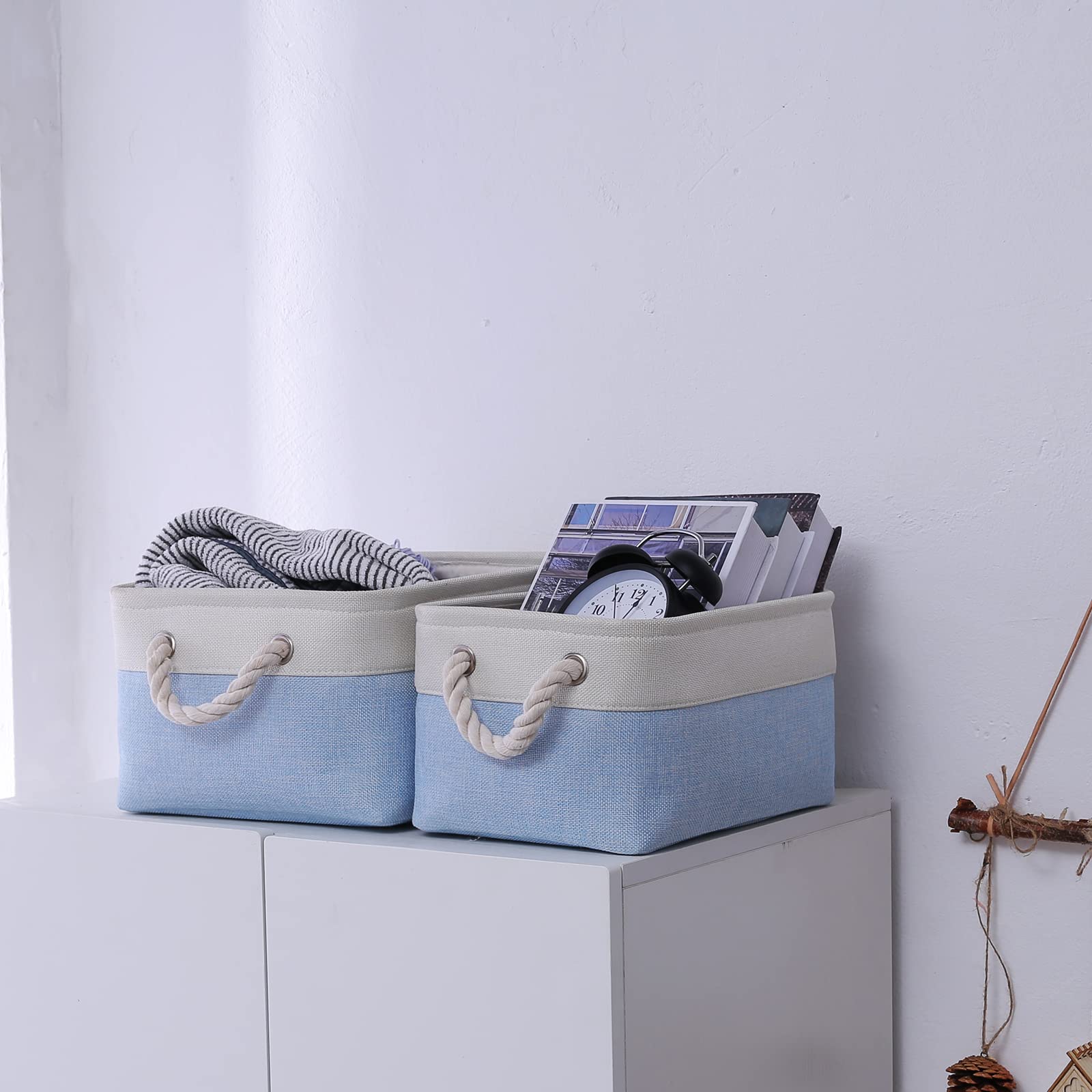 Fabric Storage Basket, Foldable Linen Storage Box for Nursery and Home, Collapsible Canvas Shelf Basket for Wardrobe or Bedroom, Blue and White