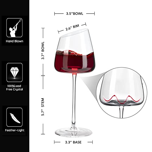 Modern Slanted Red Wine Glasses Set of 4,Elegant Hand-Blown Long Stem Wine glasses with Unique Concave Base, Premium Crystal Glassware,for Wedding,Wine Tasting, Anniversary,and Christmas-13.5 oz