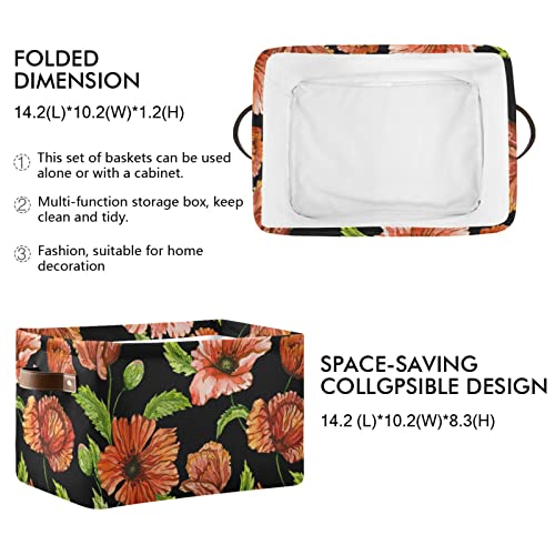 Red Poppy Square Storage Basket Flowers Black Storage Bins Canvas Toys Box Closet Shelf Decorative Organizer Bag with Handles for Bedroom Home Office, 1 Pc