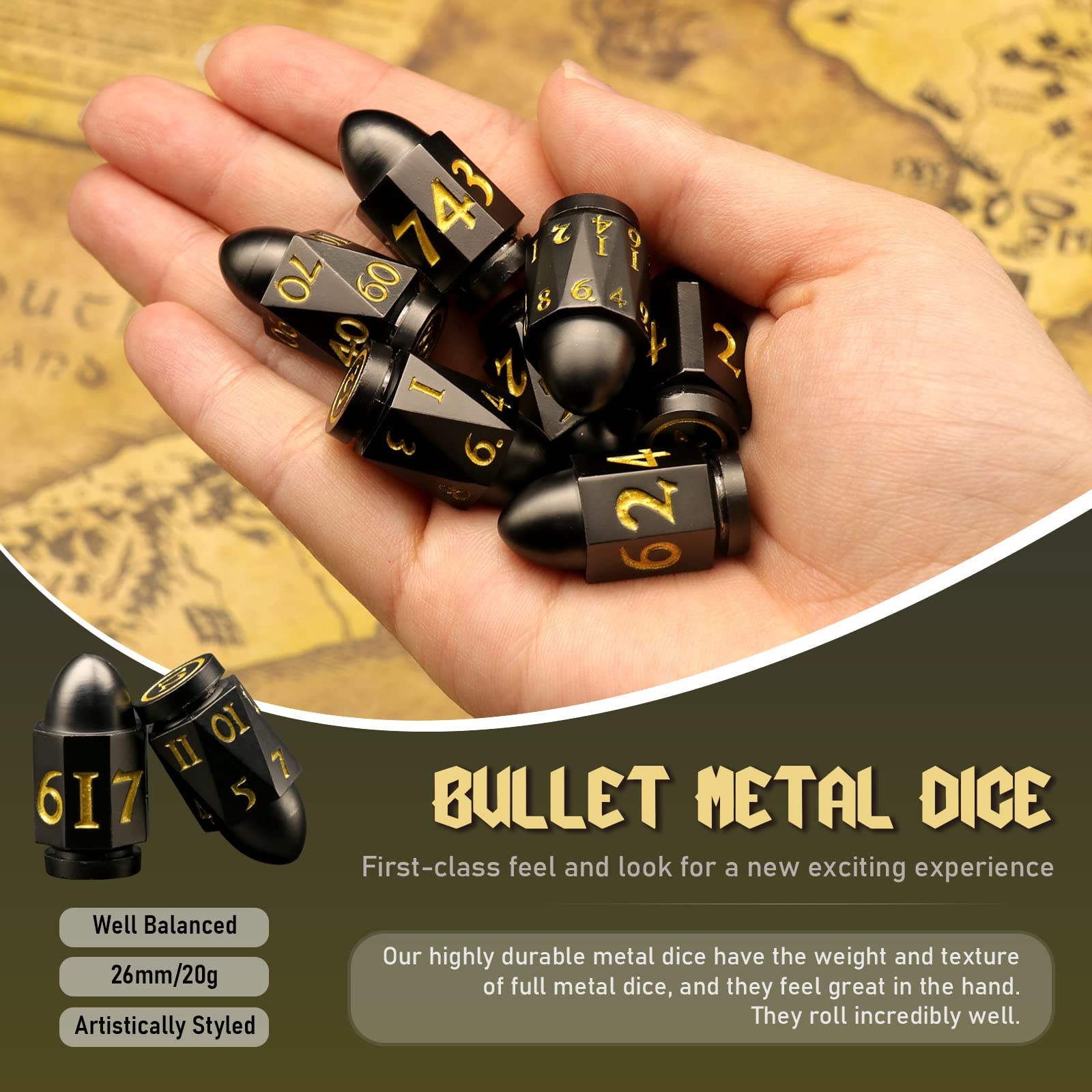 Bullet Dice Set Revolver, DND Dice Metal, ZHOORQI Gun Dice Set D and D Dice Gifts for Dungeons and Dragons, Pathfinder, Warhammer 40k, D&D, or Theme Tabletop Games(7Bullet-Black Gold)