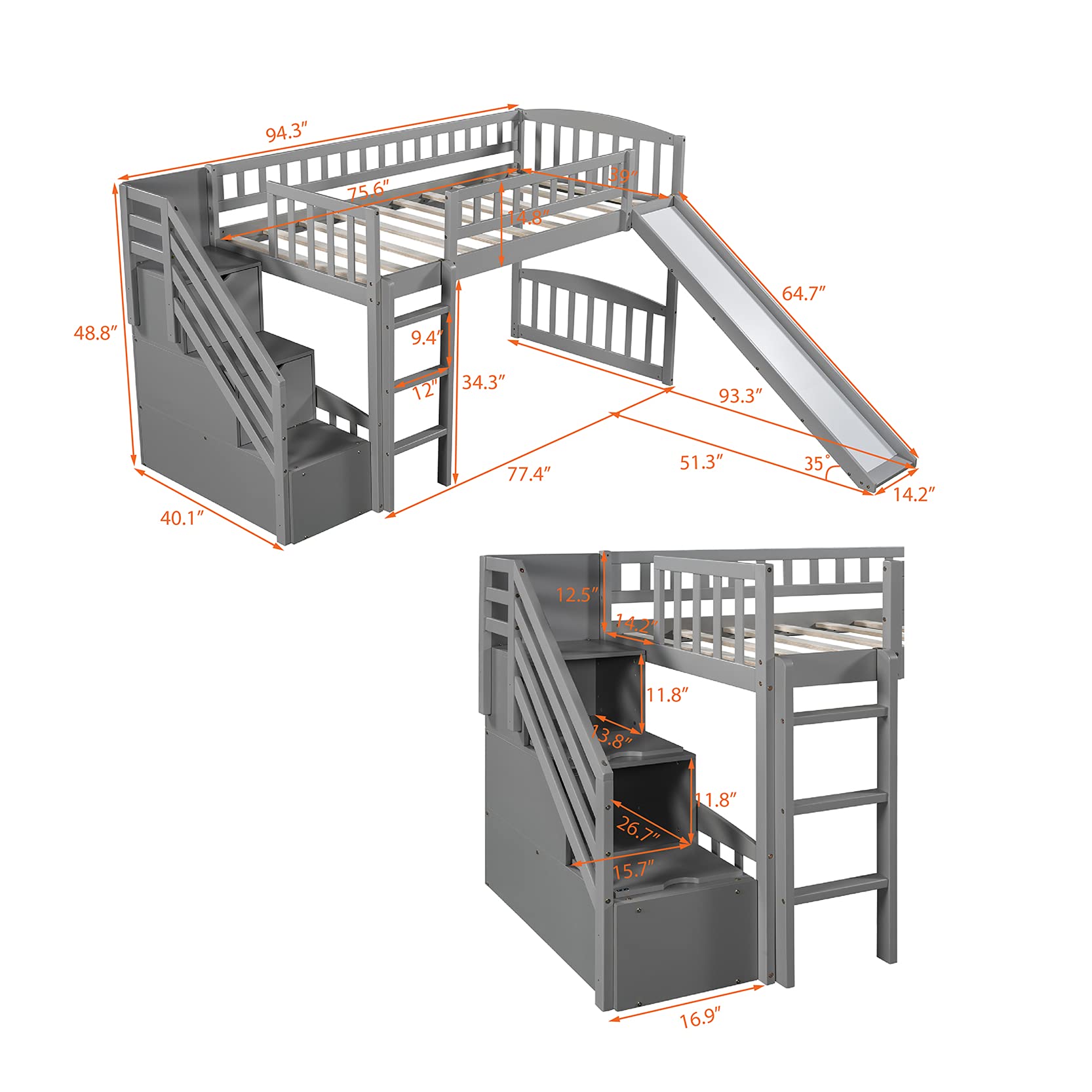 Harper & Bright Designs Twin Loft Bed with Slide for Kids, Wood Slide Loft Bed with Stairs and Built-in Ladder, No Box Spring Needed,Grey