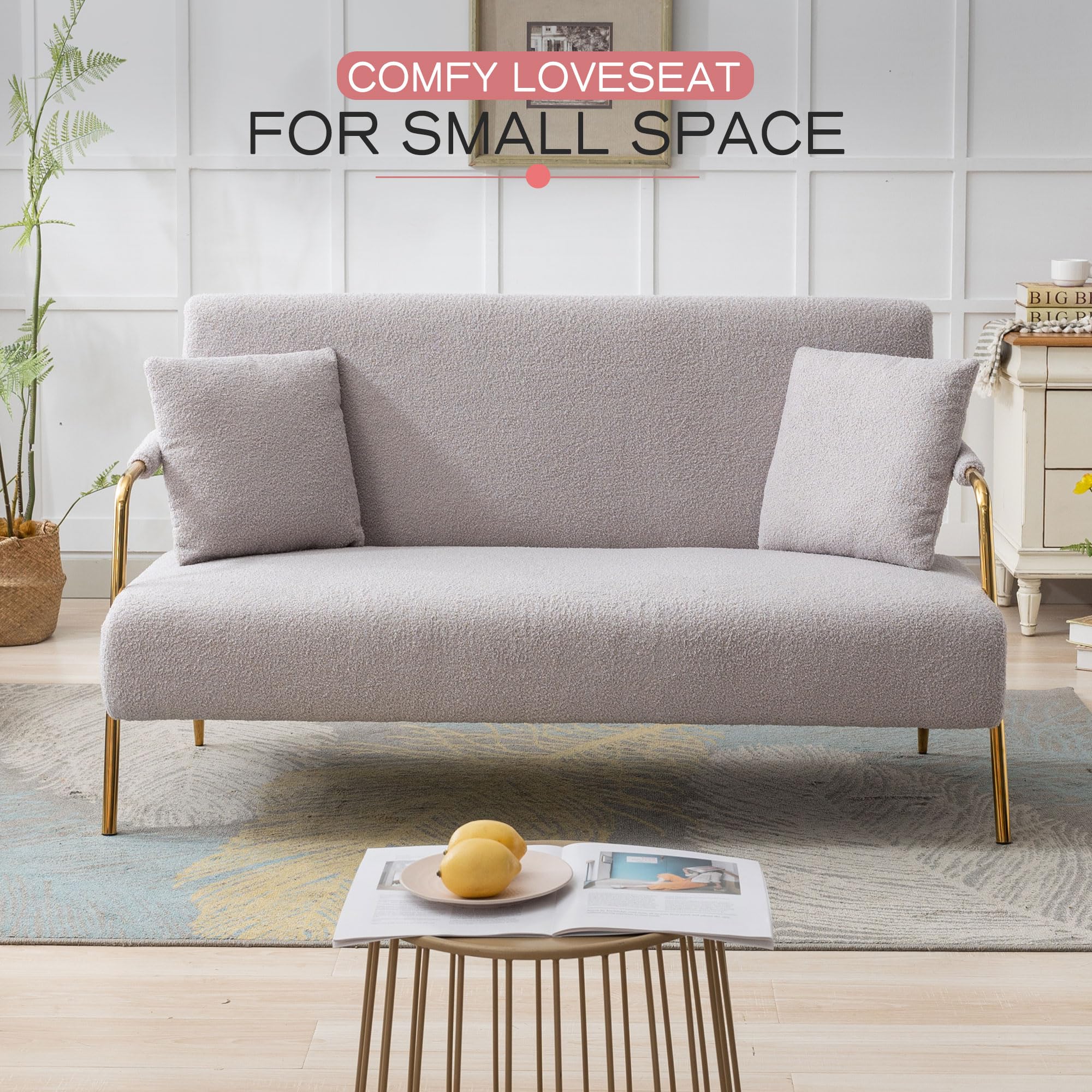 Dolonm 60" Bouclé Loveseat Sofa, 2 Seater Upholstered Sofa Couch with 2 Pillows, Mid Centry Teddy Fabric Sofa with Gold Metal Legs, Sofa for Small Space, Apartment, Office, Bedroom