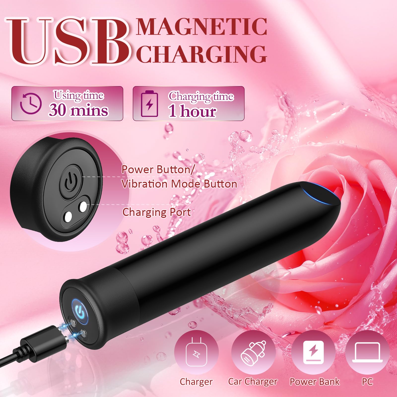 Bullet Vibrator with Angled Tip for Precision Clitoral Stimulation, Discreet Rechargeable Lipstick Vibe with 10 Vibration Modes Waterproof Nipple G-spot Stimulator Sex Toys for Women (Black)