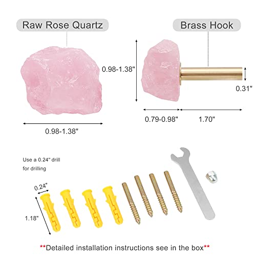 Cozy Tower 4 Pcs Rose Quartz Wall Hooks Decorative, Hat Bag Hooks for Wall Gold Brass Hooks for Hanging Purse Crystal Curtain Tieback Hooks for Wall, Pink