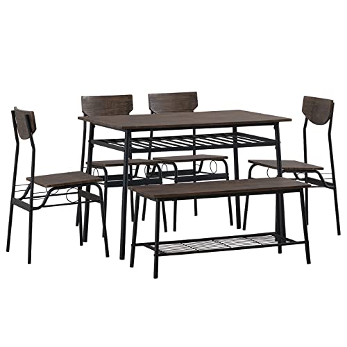 Rectangular Dining Table & Chair Set of 6 w/ Storage Space, Dining Room Set w/ 1 Table, 1 Bench & 4 Chairs for 6, Table Set w/ MDF Tabletop & Iron Frame, for Dining Room, Bistro, Home Bar, Kitchen