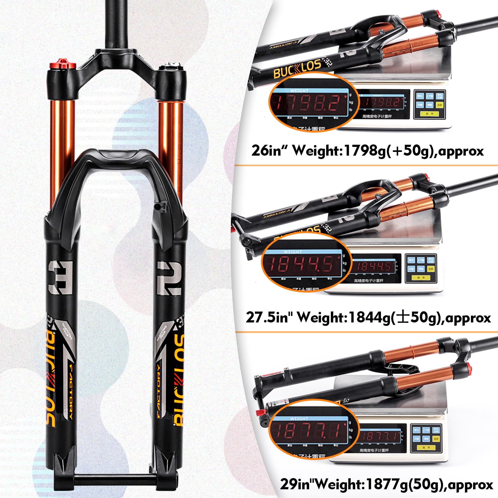 BUCKLOS 26/27.5/29 inch MTB Fork 120mm Travel, 1-1/8" Straight/Tapered Mountain Bike Fork Rebound Adjust, 15mm×100mm Axle, Manual Lockout Air Shock