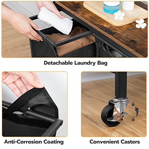 HOOBRO Laundry Hamper, Laundry Sorter 3 Section, Laundry Basket with Wheels, 3 × 10.5 Gal (39.8L), Rolling Cart, Pull-Out and Removable Oxford Fabric Laundry Bags, Rustic Brown and Black BF38XY01G1
