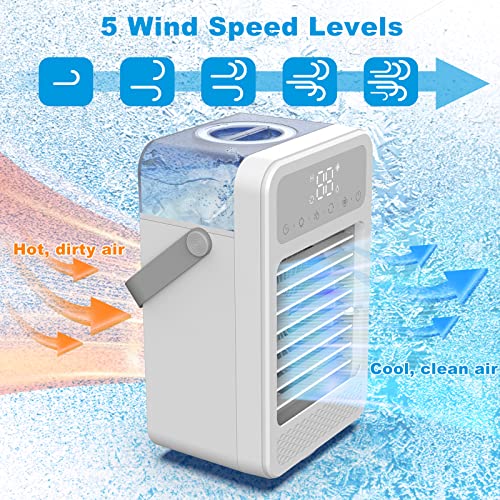 Personal Air Cooler, 90° Oscillated Evaporative Portable Air Conditioners, 5 Wind Speeds Quiet Mini Air Conditioner with Gradient Color Light/Humidifier/1-8H Timing for Desktop Home Office 600ML