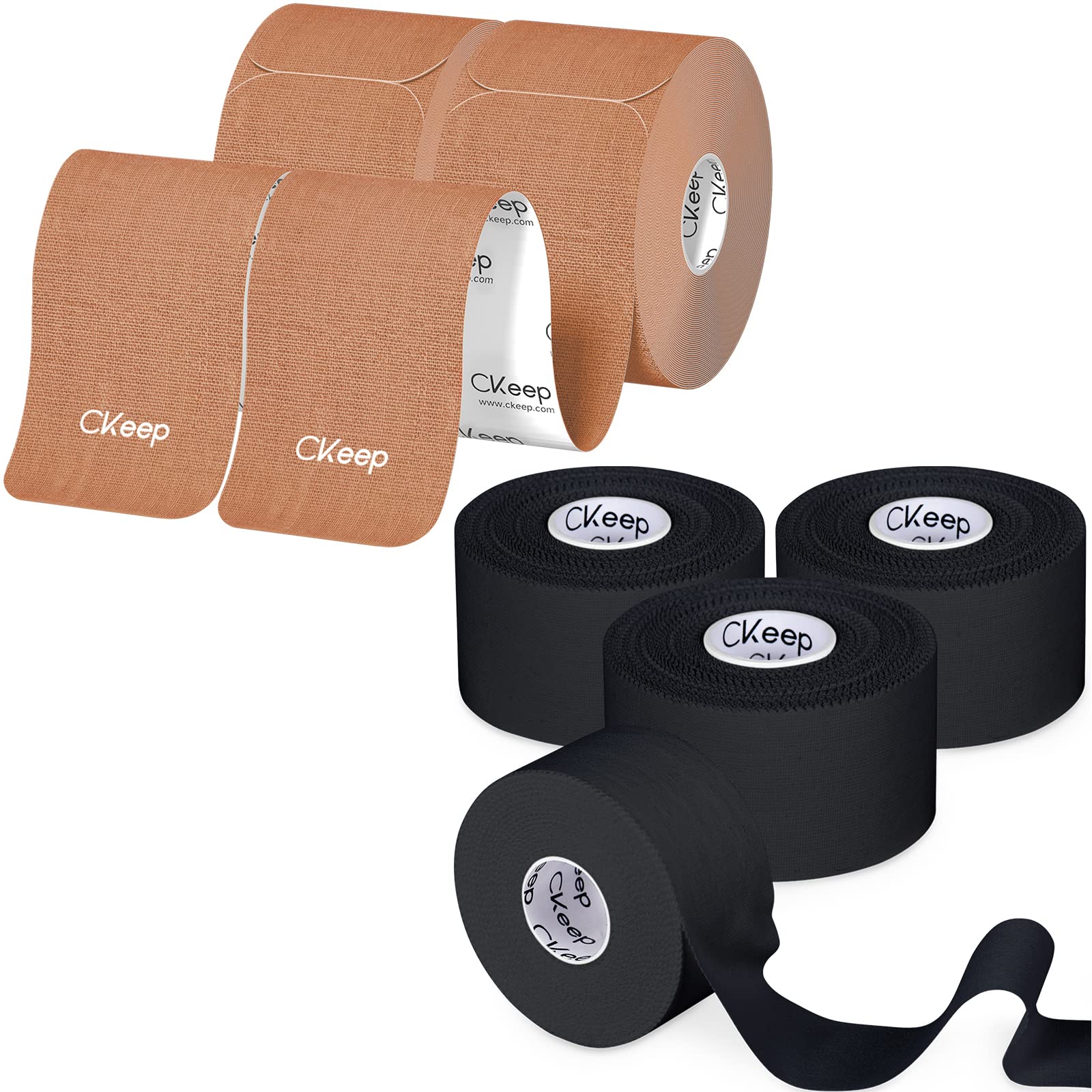 CKeep Begie Precut Kinesiology Tape and Black Athletic Tape,Sport Tape for Strains and Sprains, Hypoallergenic and Breathable