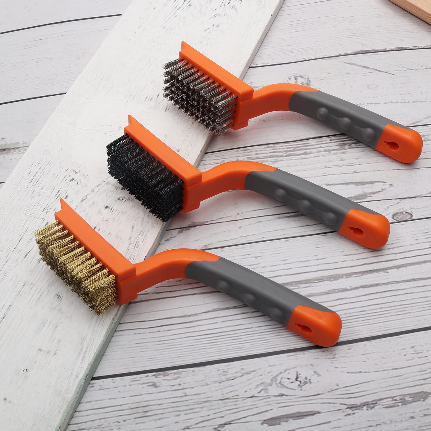 MAXMAN Wire Brush 3Pcs Brass/Stainless Steel/Nylon Wire Brushes for Cleaning Rust Bristle Brush Set with Rubber Curved Handle Grip Used for Dirt, Paint Remover (Orange+ Gray)