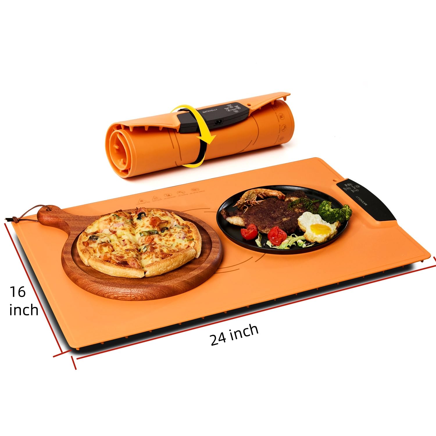 Electric Food Warming Tray, Silicone Heating Mat with Temperature Settings, Portable Foldable Roll Up Heating Pad for Parties, Buffet, Countertop (Orange)