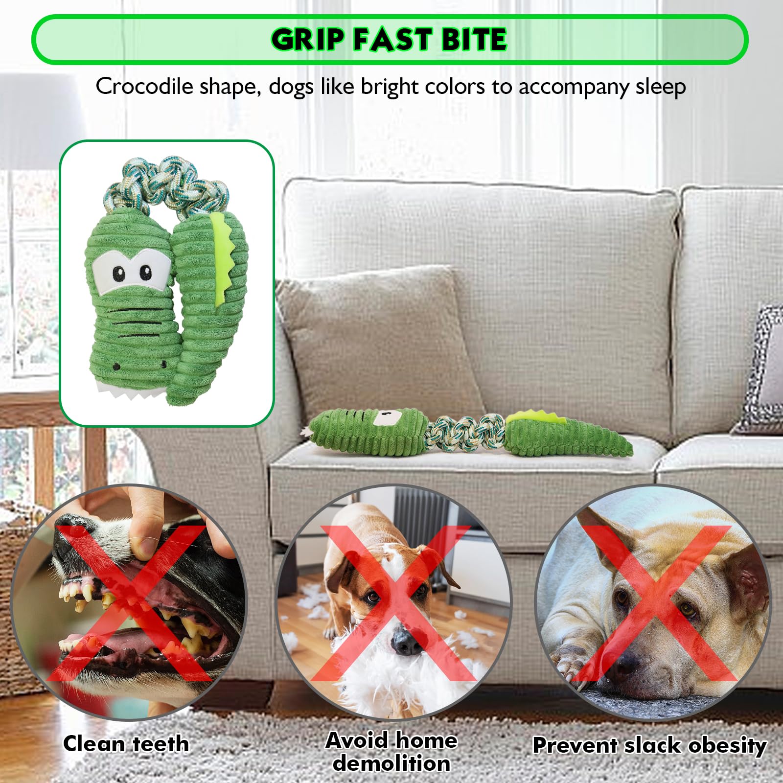 Dog Toy with Cotton Rope,Suitable for Medium to Large Dogs, Interactive Squeaky Dog Toys,Chew Toy Durable Plush Dog Toys,Durable Stress Relief Cute Alligator Shape