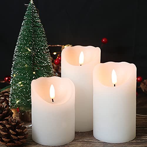 Eldnacele Flameless Flickering Candles with Remote Timer, 3D Wick Real Wax Battery Operated White Pillar Candles with Remote Set of 3 for Home Wedding Party Christmas Decoration (D3β x H4β5β6β)
