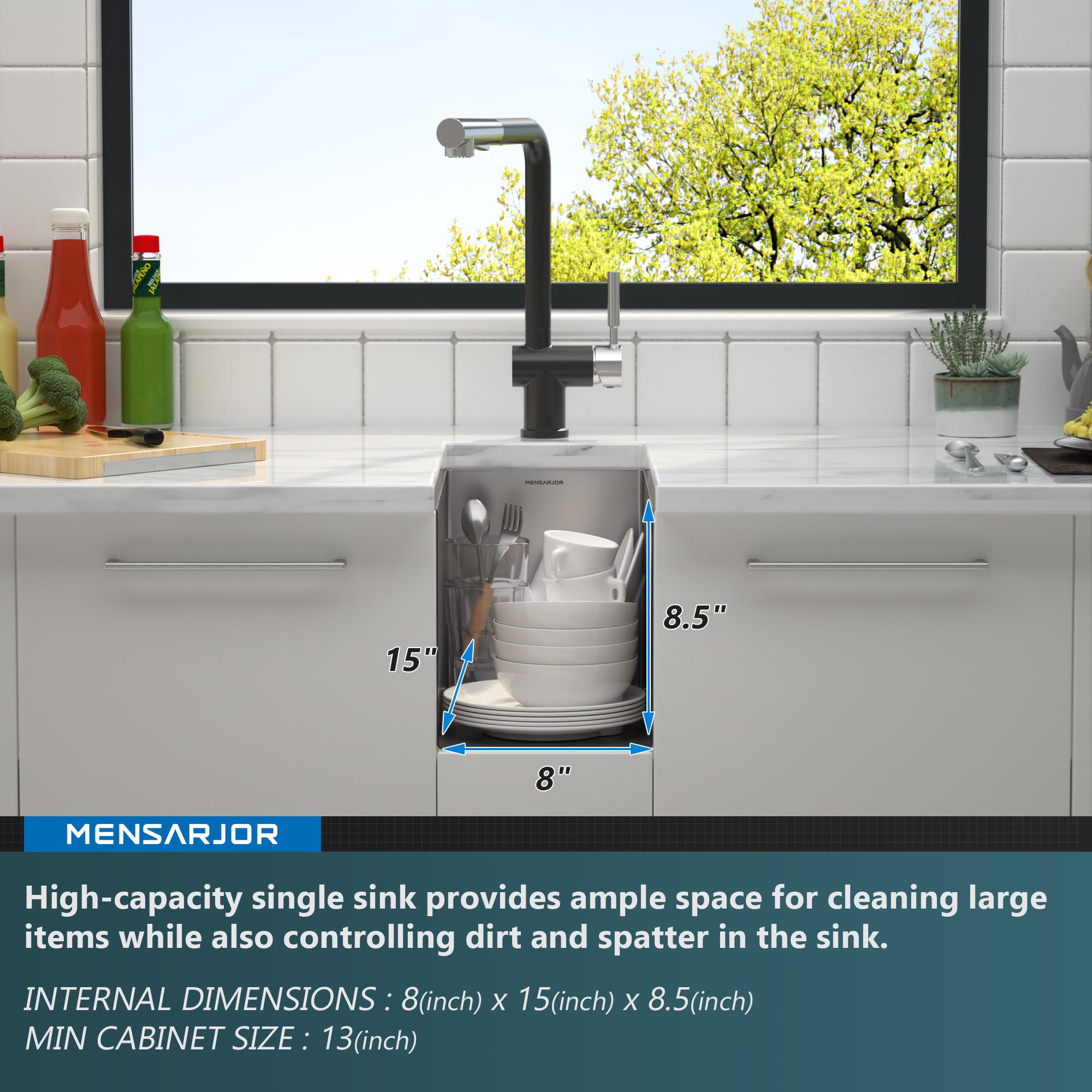Bar Sink, MENSARJOR 14'' x 18'' Single Bowl Kitchen Sink, 16 Gauge Undermount Stainless Steel Square Small Kitchen Sinks, Bar or Prep Sink (14" x 18" x 8.5")