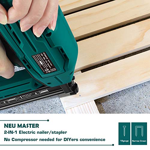 Electric Brad Nailer, NEU MASTER NTC0040 Electric Nail Gun/Staple Gun for Upholstery, Carpentry and Woodworking Projects, 1/4'' Narrow Crown Staples 200pcs and Nails 800pcs Included