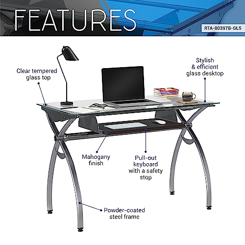 Techni Mobili Modern Work Desk-43.25β Wide Tray-Perfect Clear Contempo Glass Top Computer Desk with Pull Out Keyboard Panel, 43.25" W