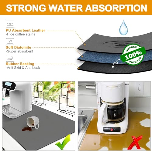 Dish Drying Mats for Kitchen Counter Coffee Mat Under Sink Mats for Kitchen Waterproof Dish Mat Drying Kitchen Mat Bar Mats for Countertop Coffee Bar Accessories (Deep Gray, 11.81"*15.75")