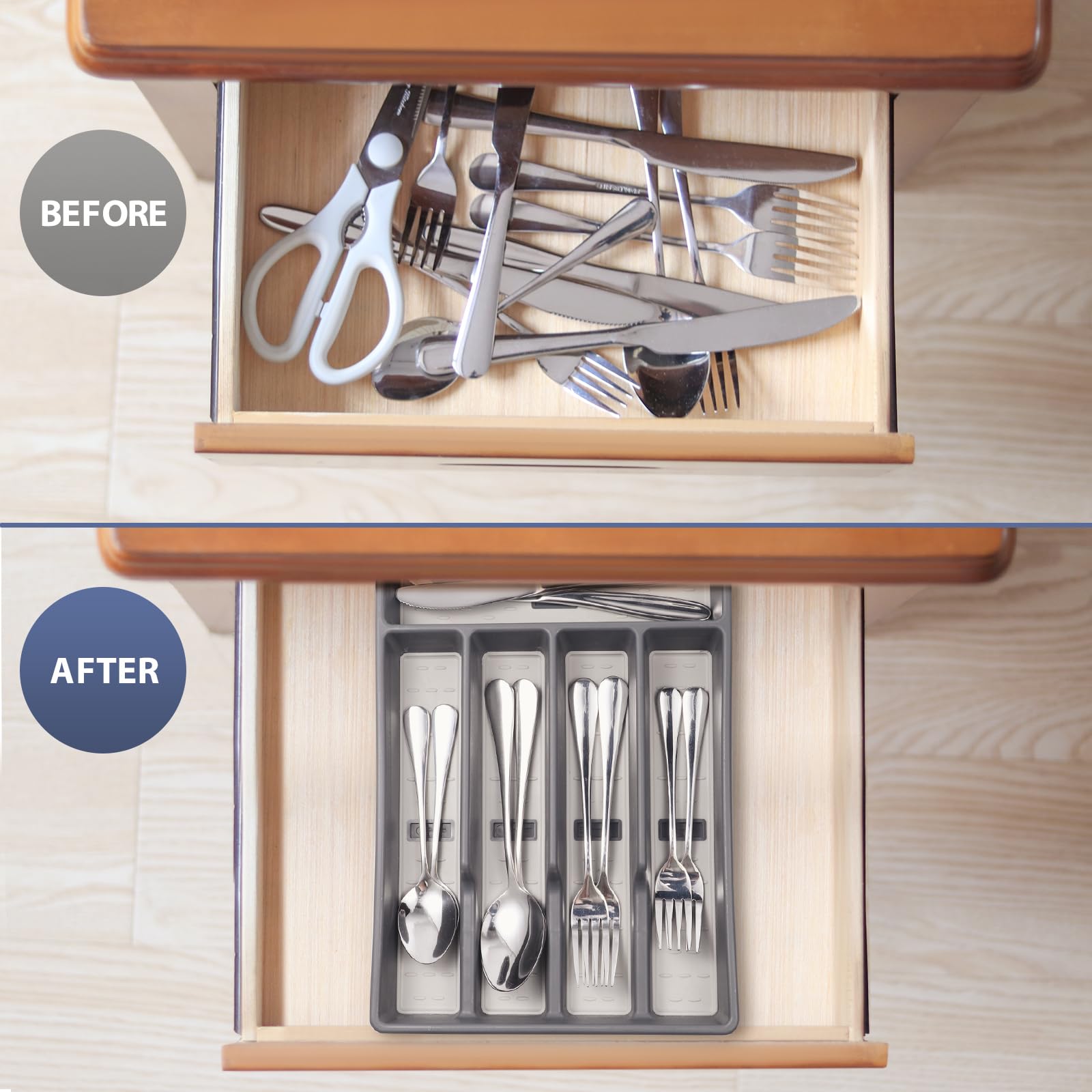 CherHome Silverware Organizer with Cutlery Icons,Silverware Tray for Kitchen Drawer,Plastic Flatware Tableware Silverware Drawer Organizer Utensil Organizer with Non-slip TPR Linings,5-Compartment