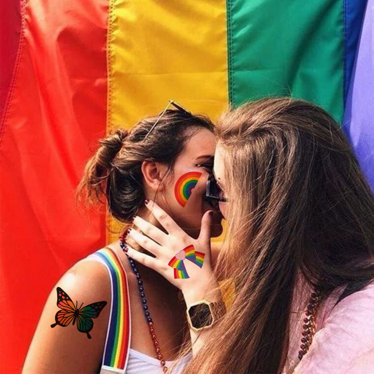 CHARLENT Glitter Rainbow Temporary Tattoos - 140 PCS Glitter Pride Tattoos Butterfly Heart Rainbow Tattoos for Pride Party Favors