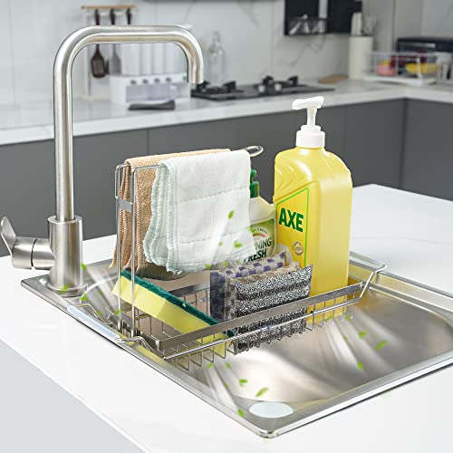 HOOOKIMM Kitchen Sink Sponge Caddy Stainless Steel, Kitchen Sink Organizers for Sponges and Towels, Sponge Caddy for Kitchen Sink, Sink Storage Rack Holder, Rustproof, and Non-Slip.